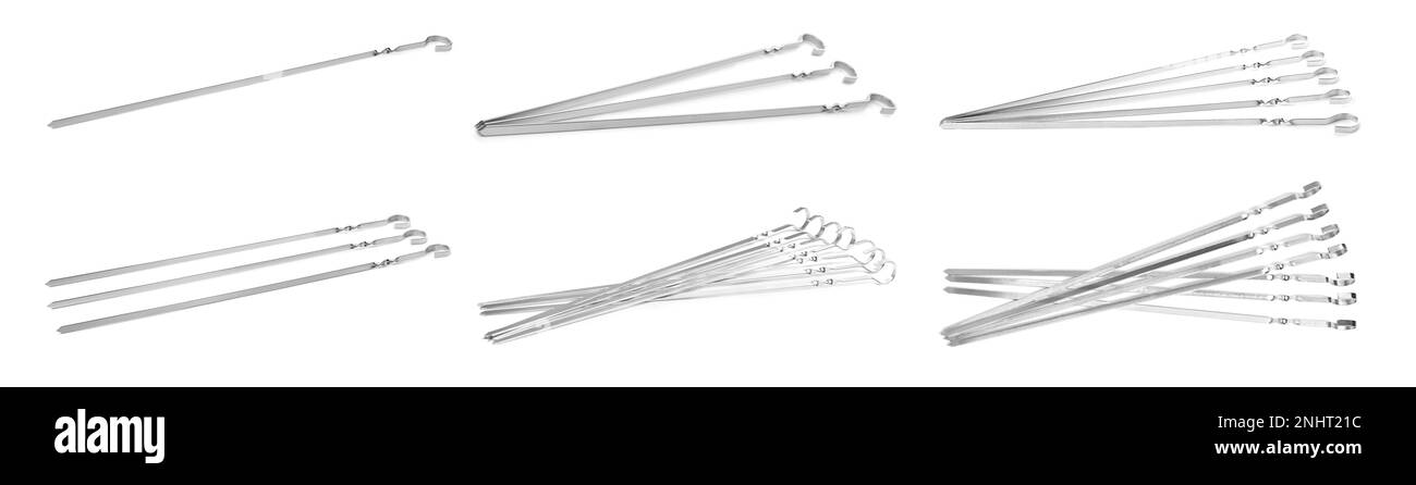 Set with metal skewers on white background. Banner design Stock Photo ...