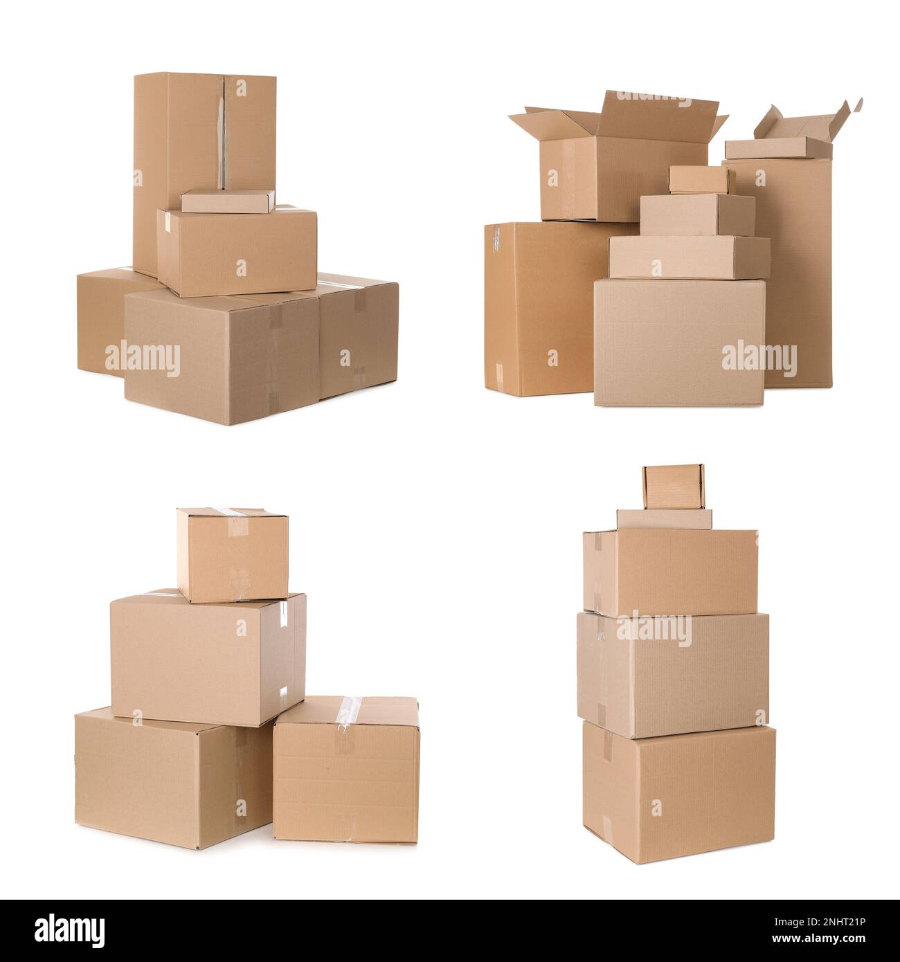 Set with different cardboard boxes on white background Stock Photo - Alamy