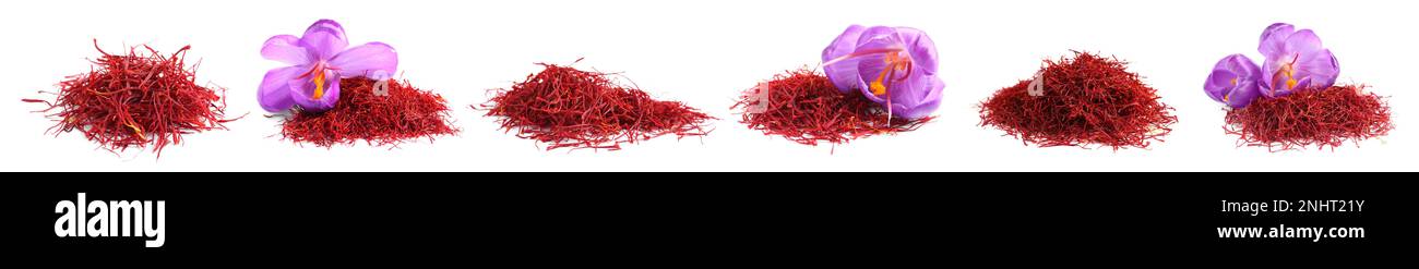 Dried saffron and crocus flowers on white background, collage. Banner ...