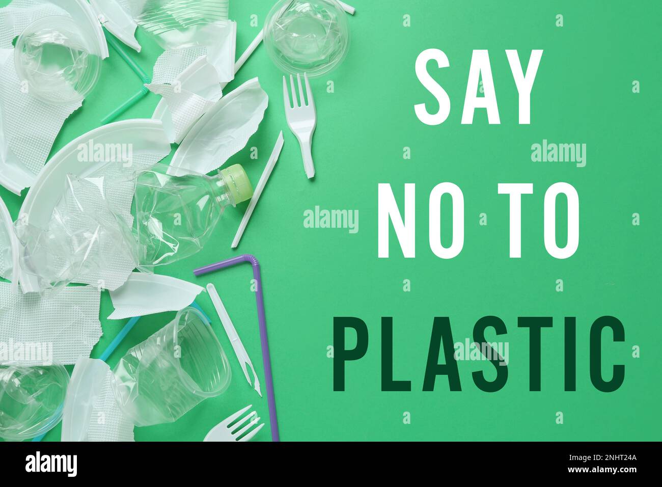 Text SAY NO TO PLASTIC and disposable items on green background, flat ...