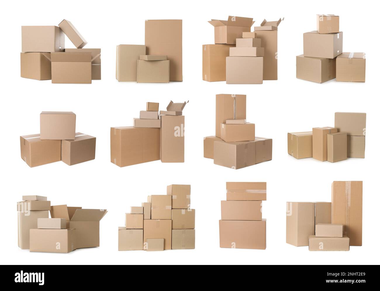 Set with different cardboard boxes on white background Stock Photo - Alamy