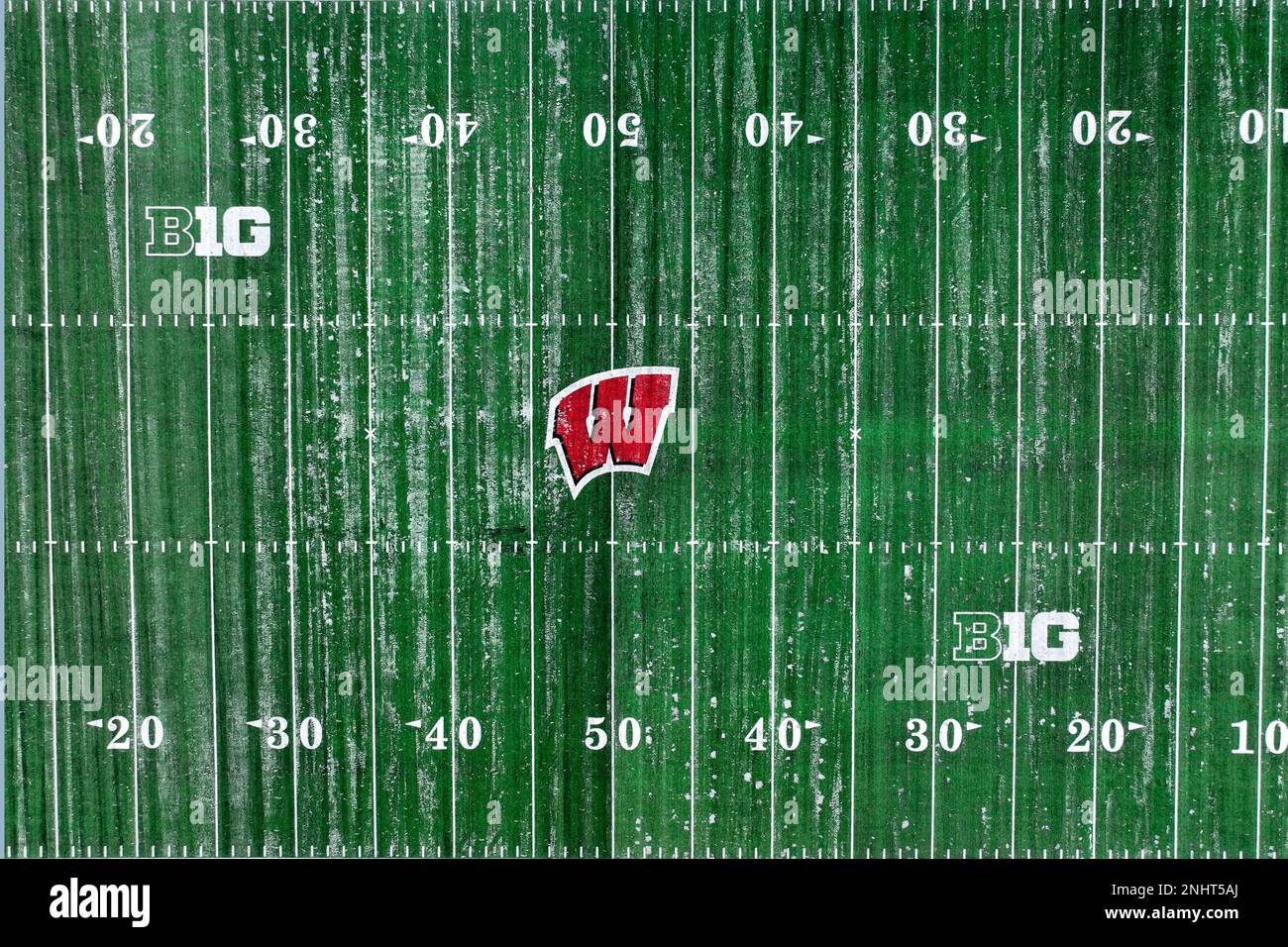 A general overall aerial view of the Wisconsin Badgers logo at midfield ...