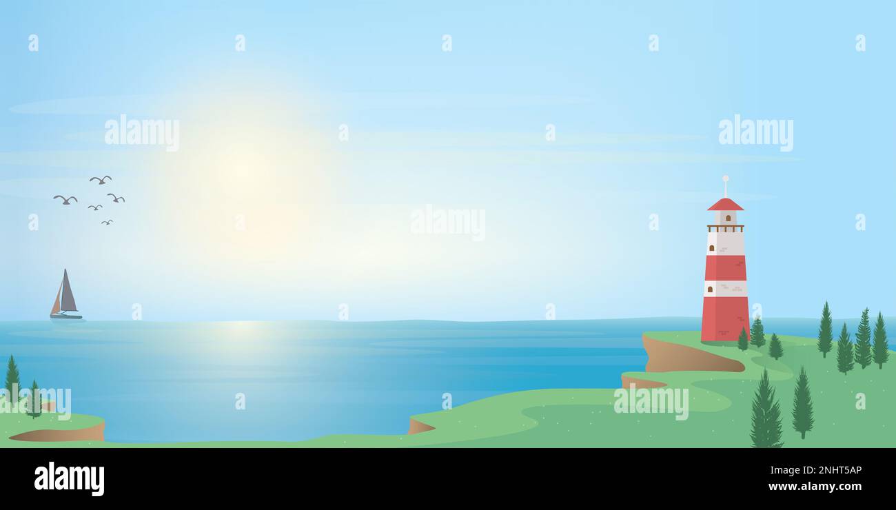 Lighthouse on seashore flat design illustration with yacht at skyline ...