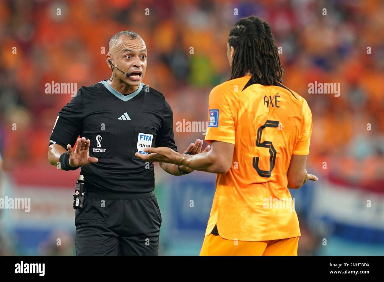 DOHA, QATAR - NOVEMBER 21: Nathan Ake of Netherlands complains with ...