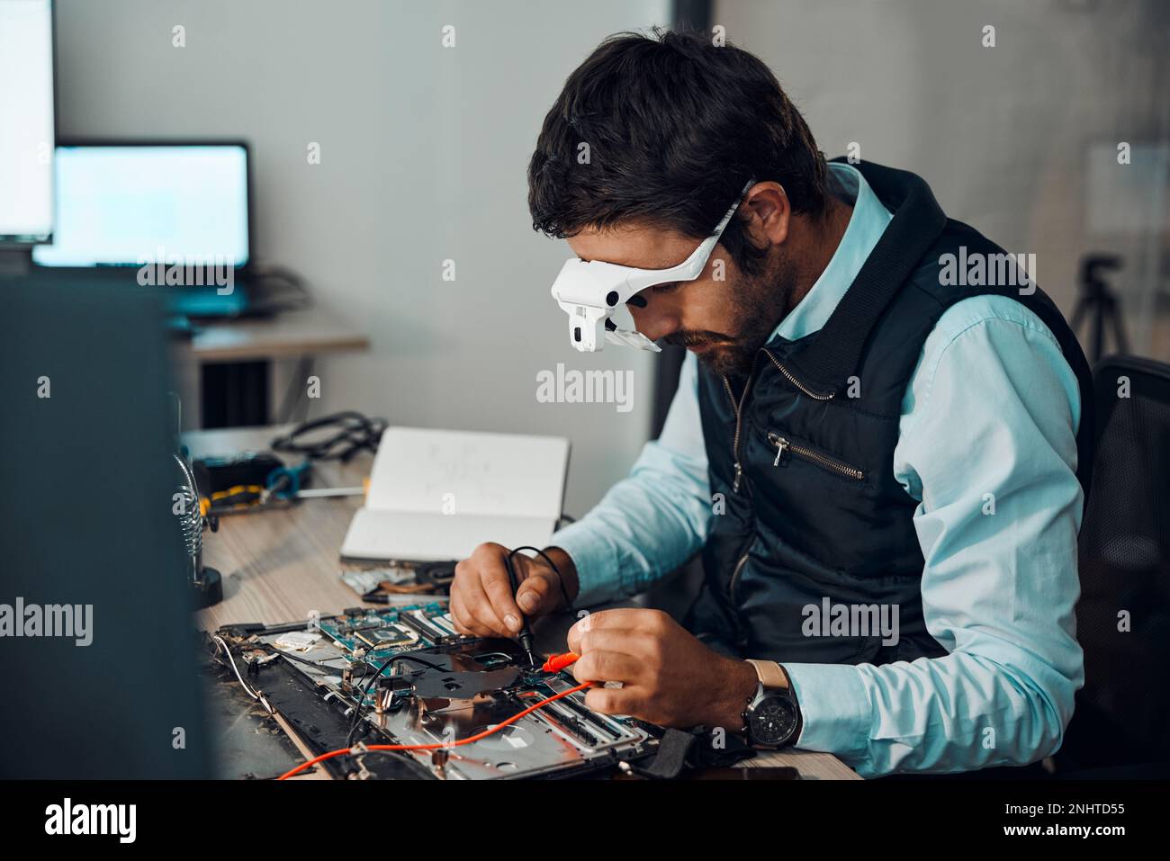 Technician, computer and engineer repair motherboard, microcircuit or ...