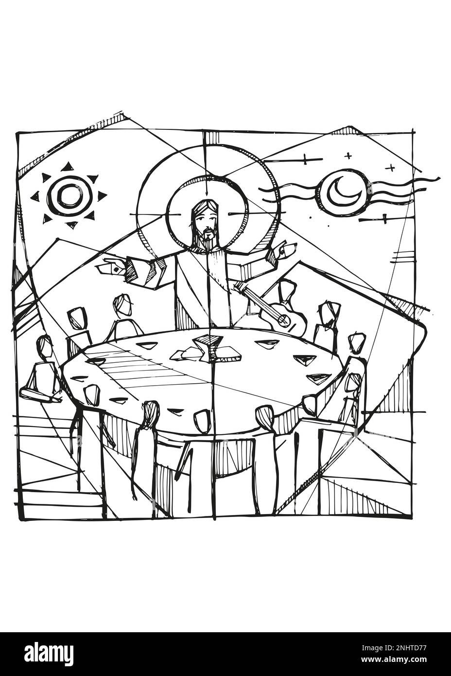 Hand drawn vector illustration or drawing of jesus in eucharist in ...