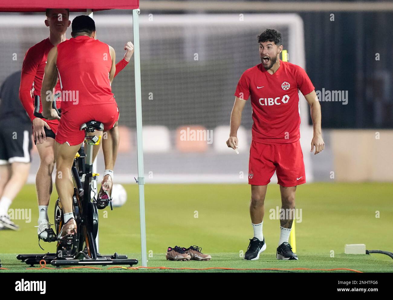 Canada midfielder Jonathan Osorio, right, jokes around with teammates ...