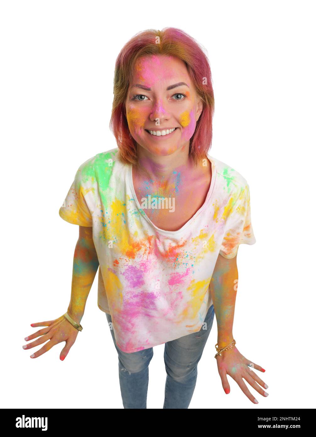 Woman covered with colorful powder dyes on white background. Holi ...