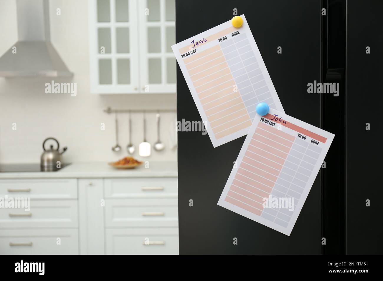 Blank to do lists on fridge in kitchen. Space for text Stock Photo - Alamy