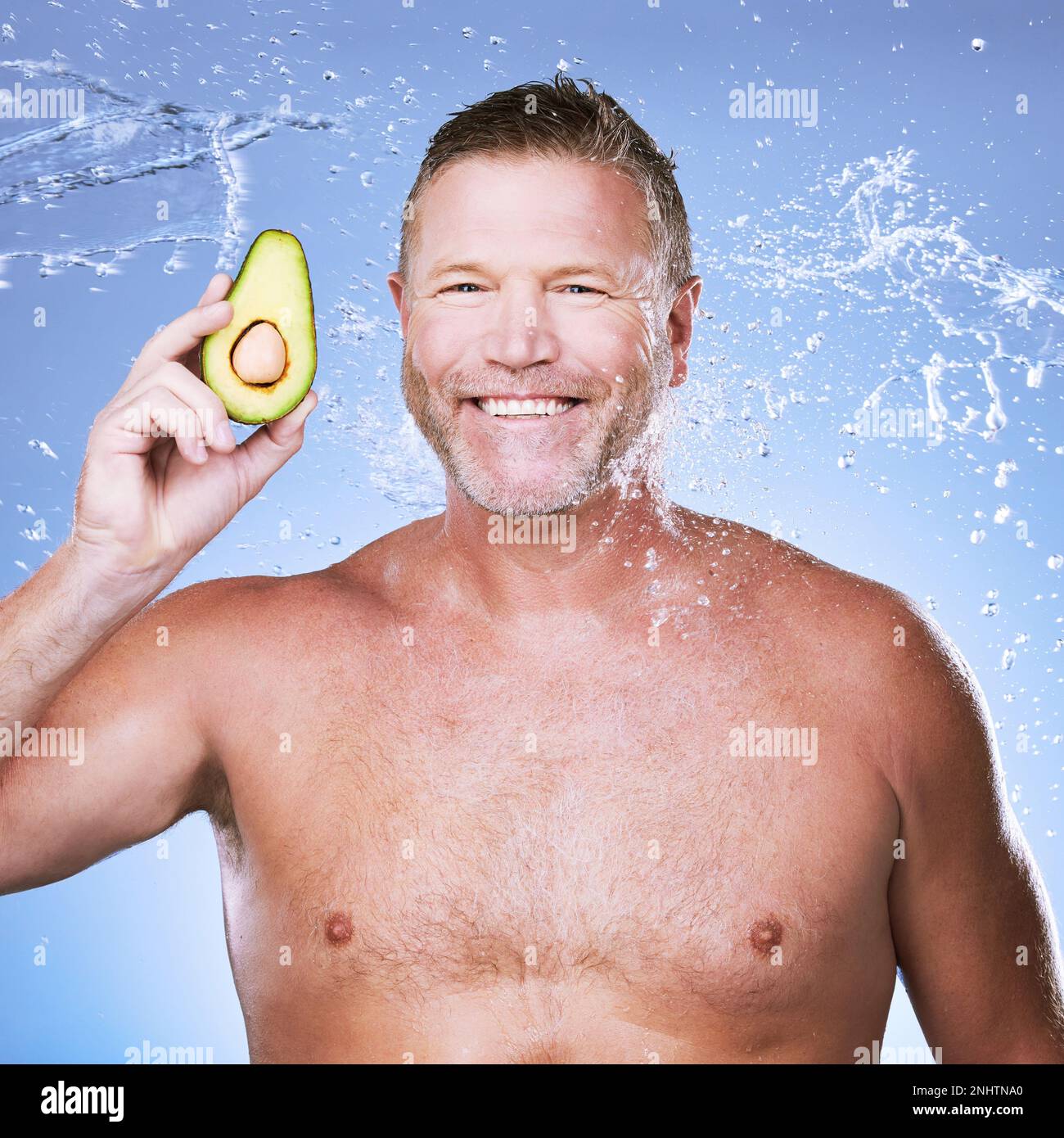 Beauty, water splash with man and avocado for skincare, eco friendly ...