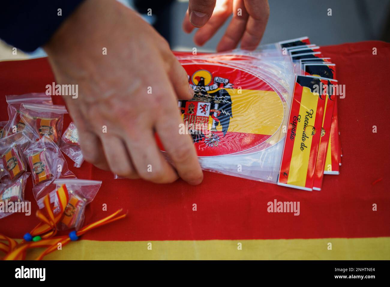 Stickers with the flag of Spain with the eagle of St. John, at an event ...