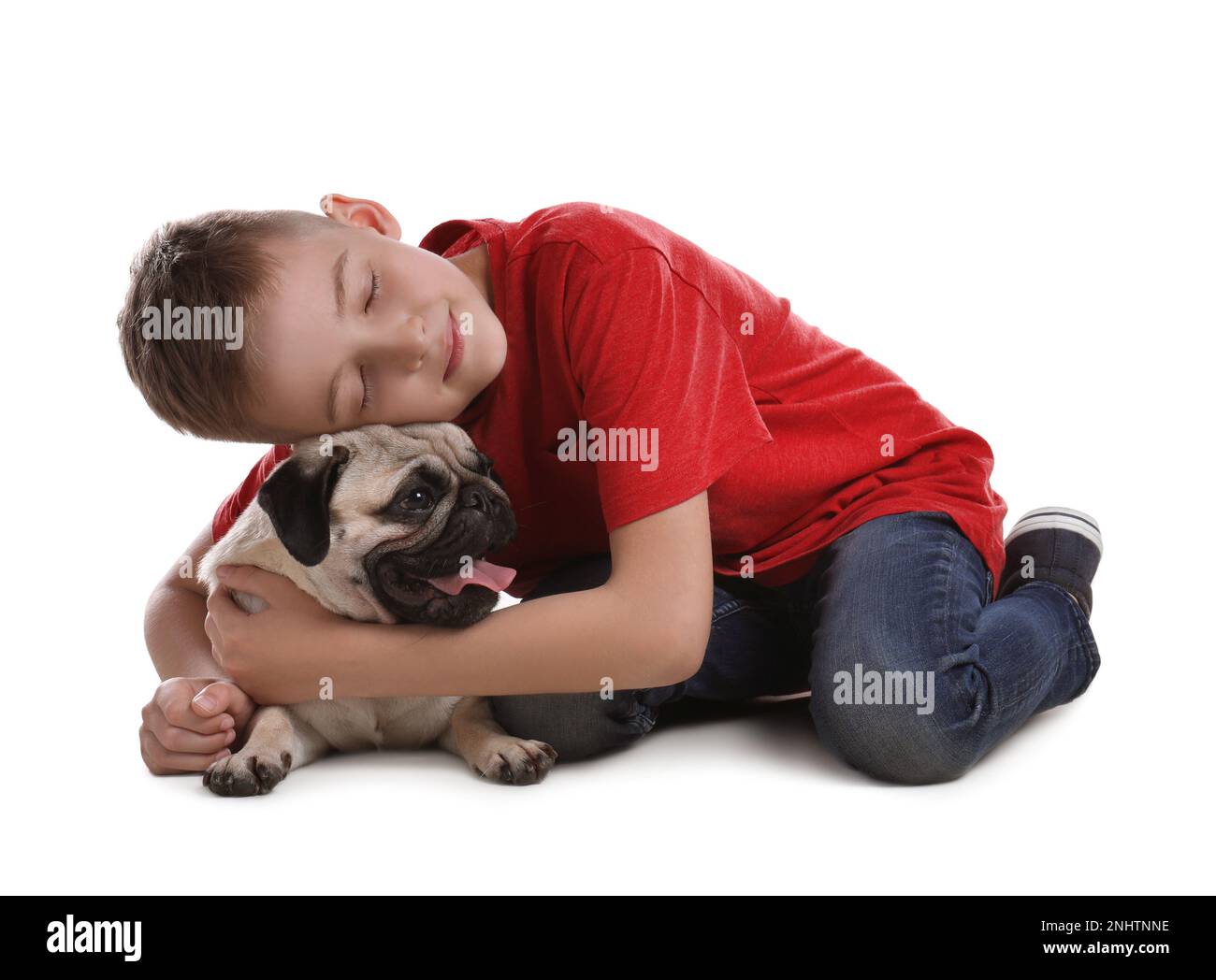 Boy hugging his cute pug on white background Stock Photo - Alamy