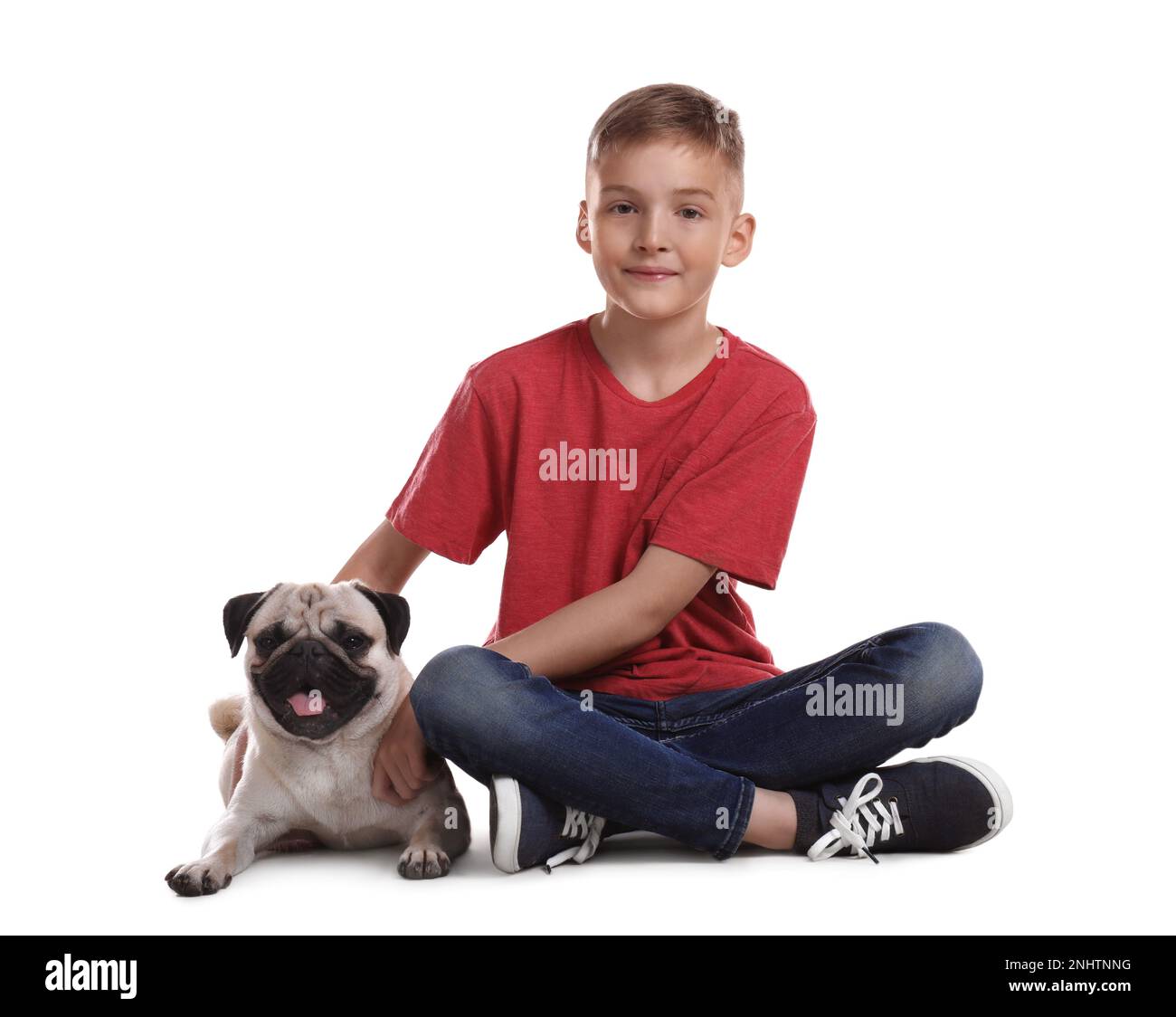 Boy with his cute pug on white background Stock Photo - Alamy