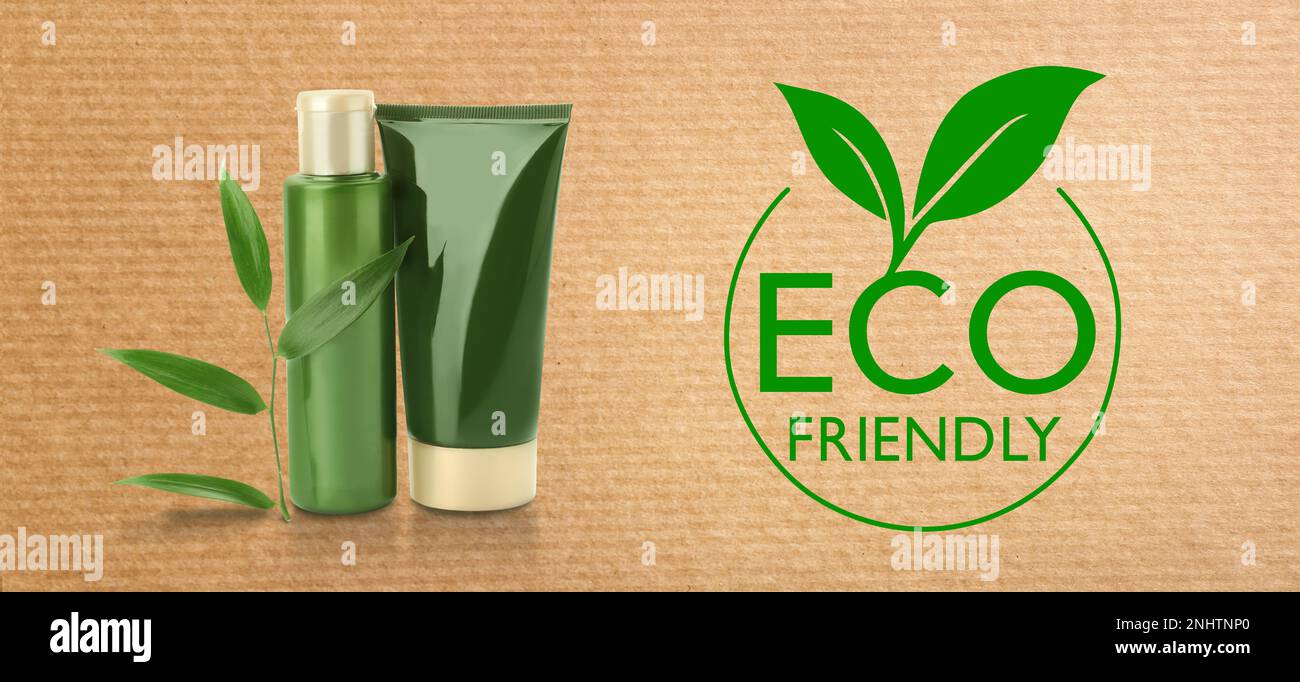 Organic eco friendly cosmetic products on cardboard background. Banner ...