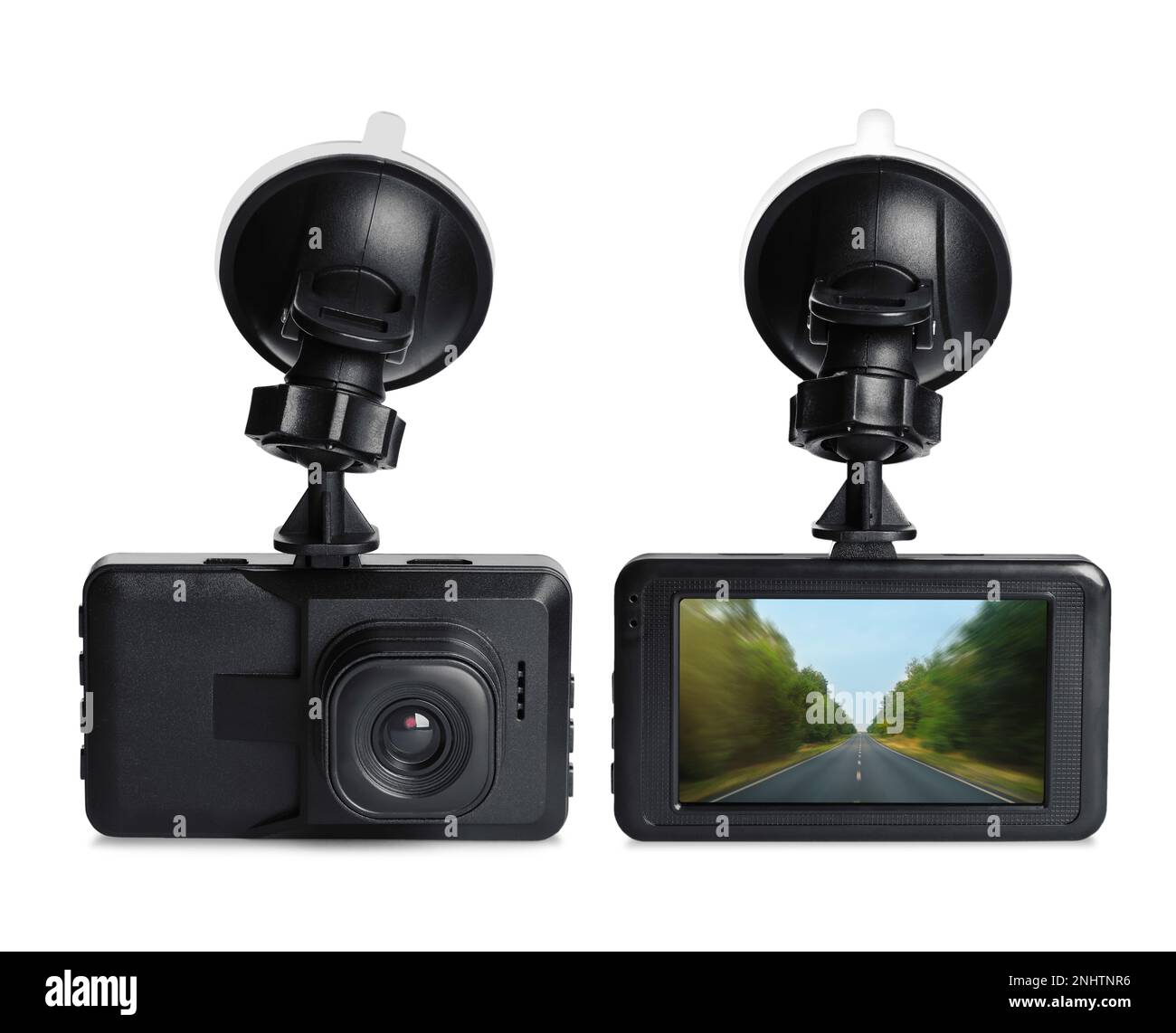 Modern car dashboard cameras on white background in collage, one with ...