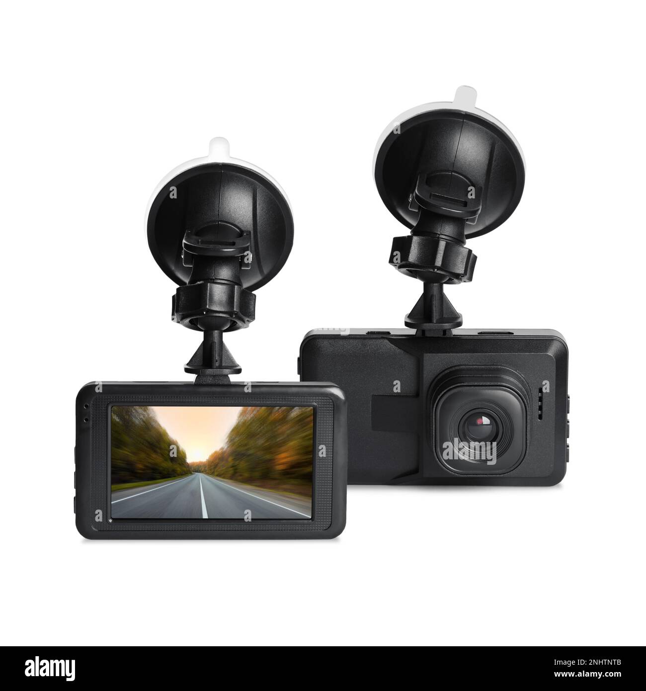 Modern car dashboard cameras on white background in collage, one with ...