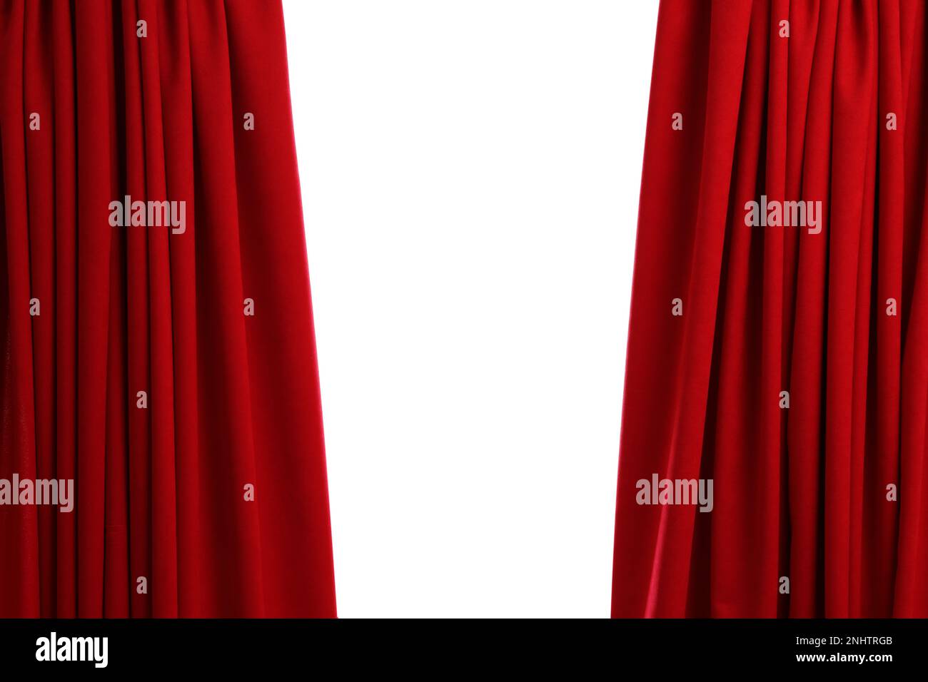 Open elegant red front curtains on white background Stock Photo - Alamy