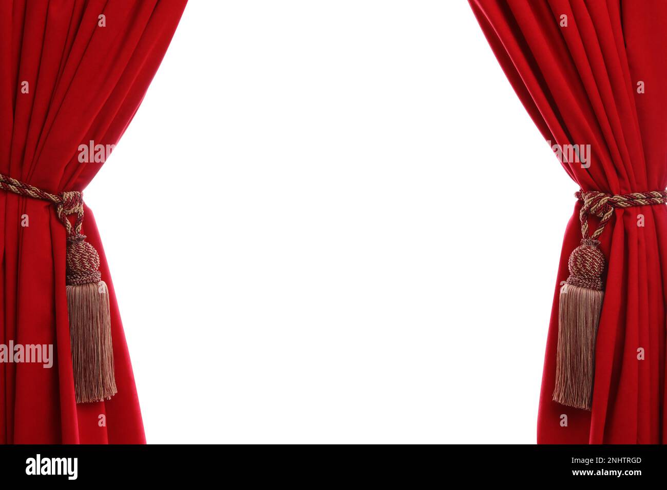 Open elegant red front curtains on white background Stock Photo - Alamy
