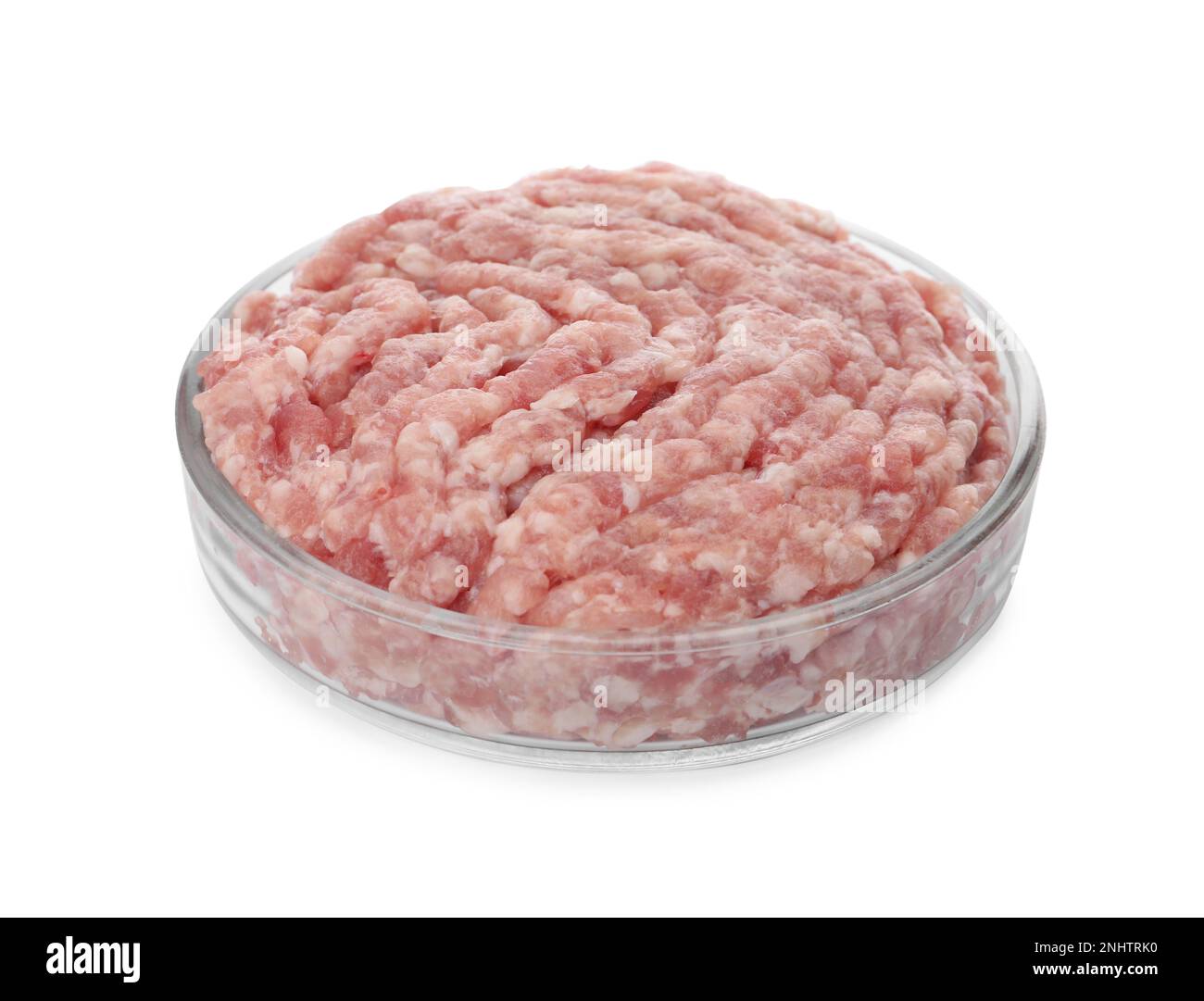 Petri dish with raw minced cultured meat on white background Stock ...