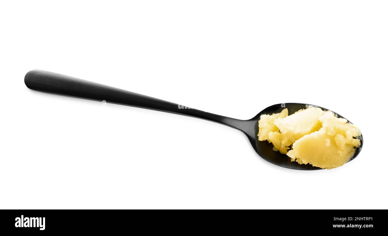Spoon of Ghee butter isolated on white, top view Stock Photo - Alamy