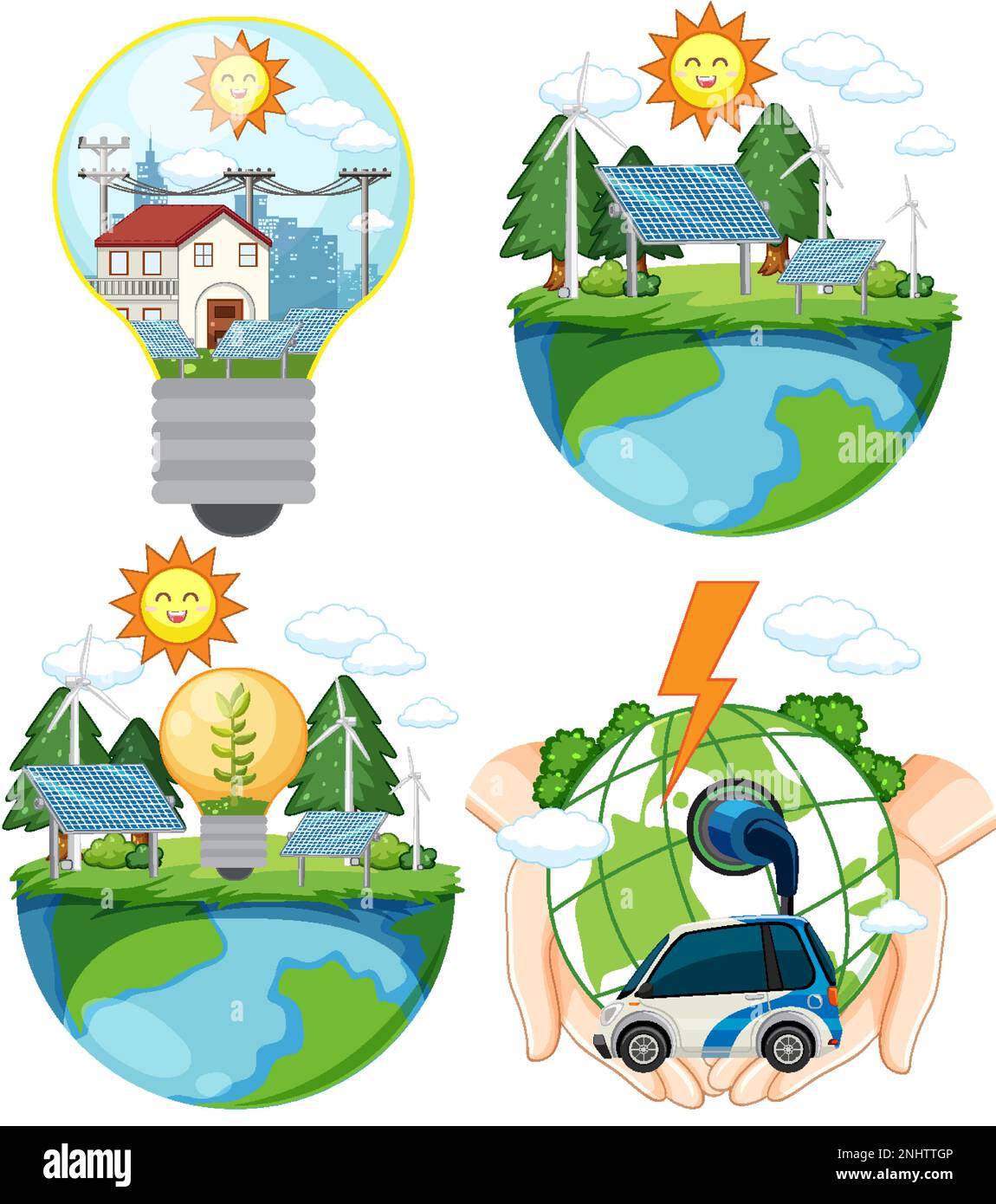 Green energy concept with solar panels and wind turbines illustration ...