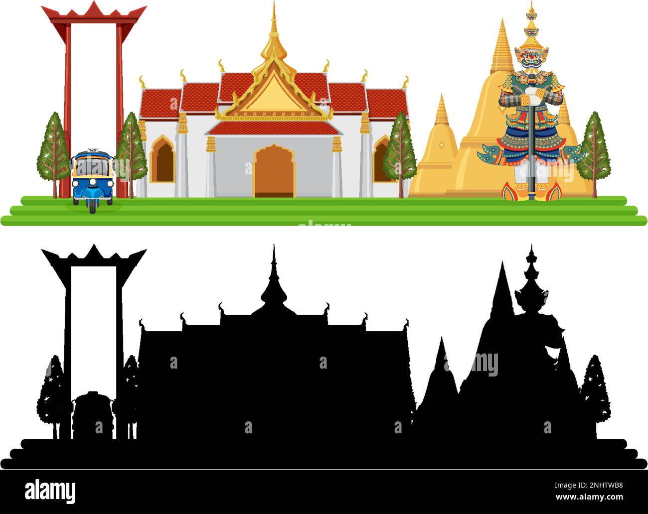 Thailand tourist attraction landmark with silhouette illustration Stock ...