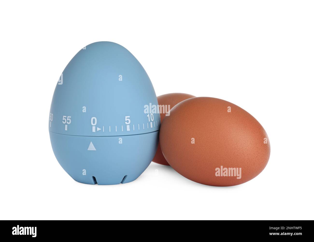 Kitchen timer and chicken eggs on white background Stock Photo - Alamy