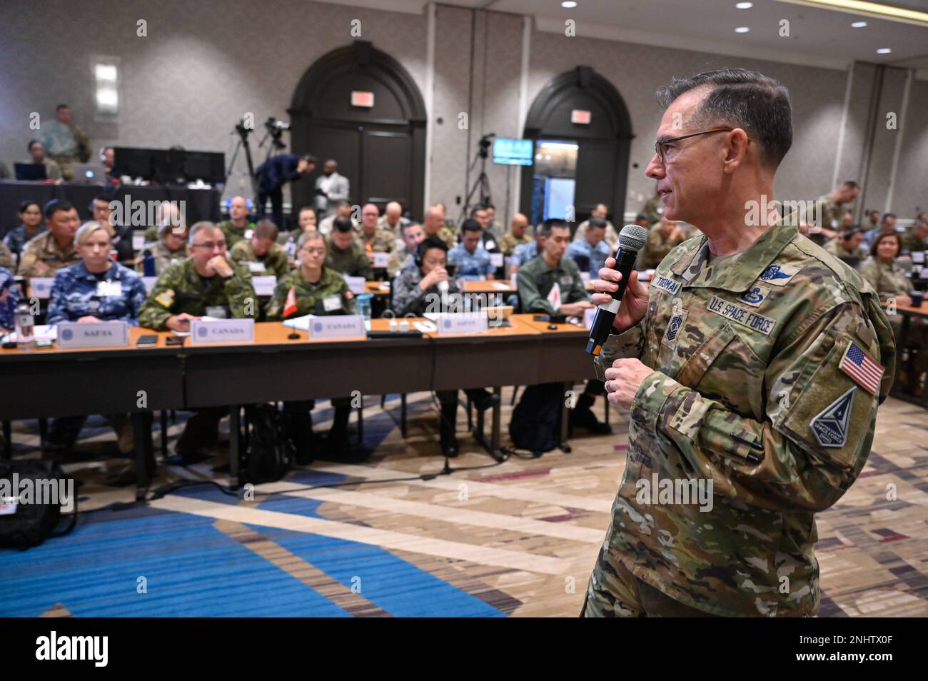 Chief Master Sgt. of the Space Force Roger A. Towberman speaks during ...
