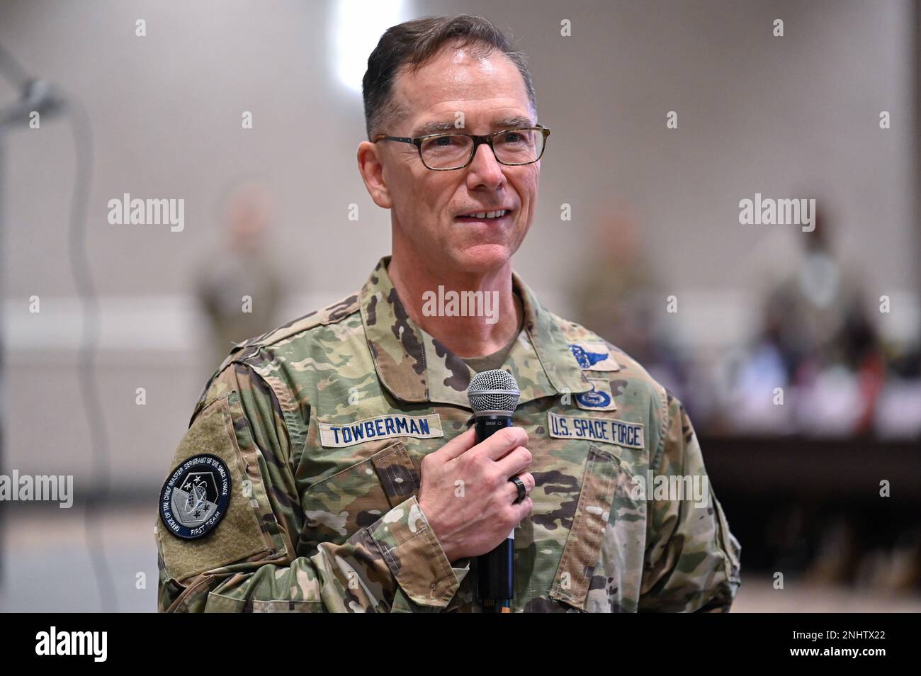 Chief Master Sgt. of the Space Force Roger A. Towberman listens to a ...