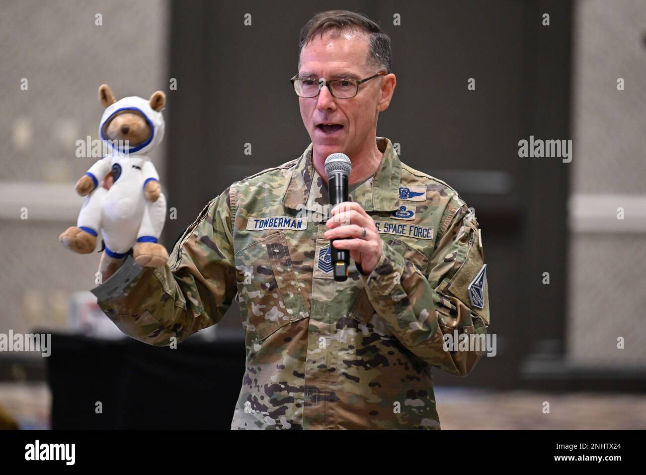 Chief Master Sgt. of the Space Force Roger A. Towberman displays a ...