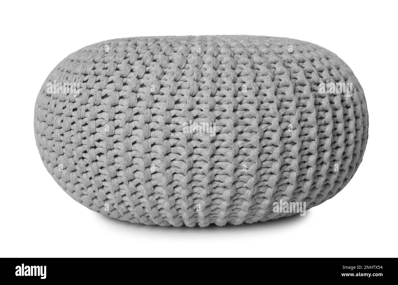 Stylish grey knitted pouf isolated on white Stock Photo - Alamy