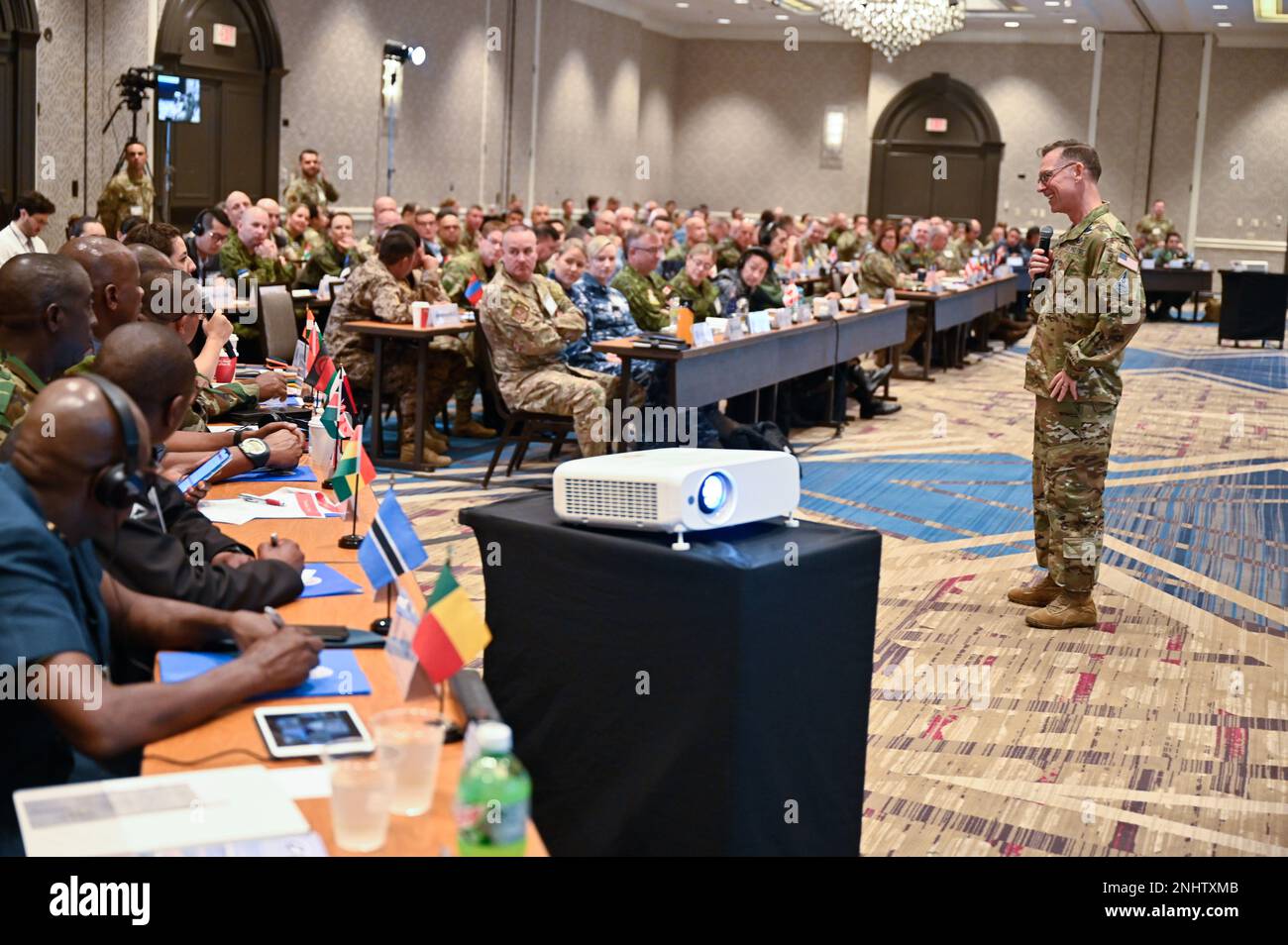 Chief Master Sgt. of the Space Force Roger A. Towberman listens to a ...