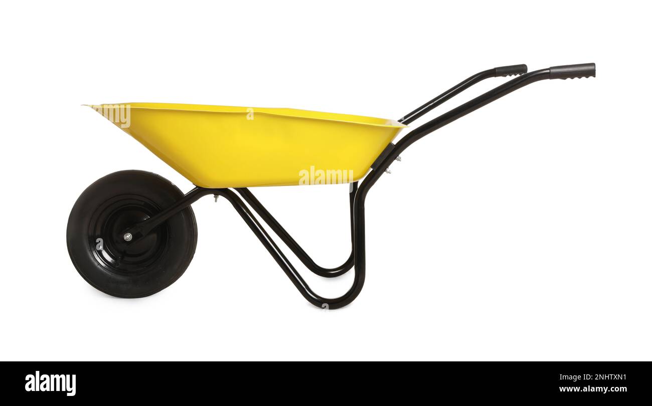Yellow wheelbarrow isolated on white. Gardening tool Stock Photo - Alamy
