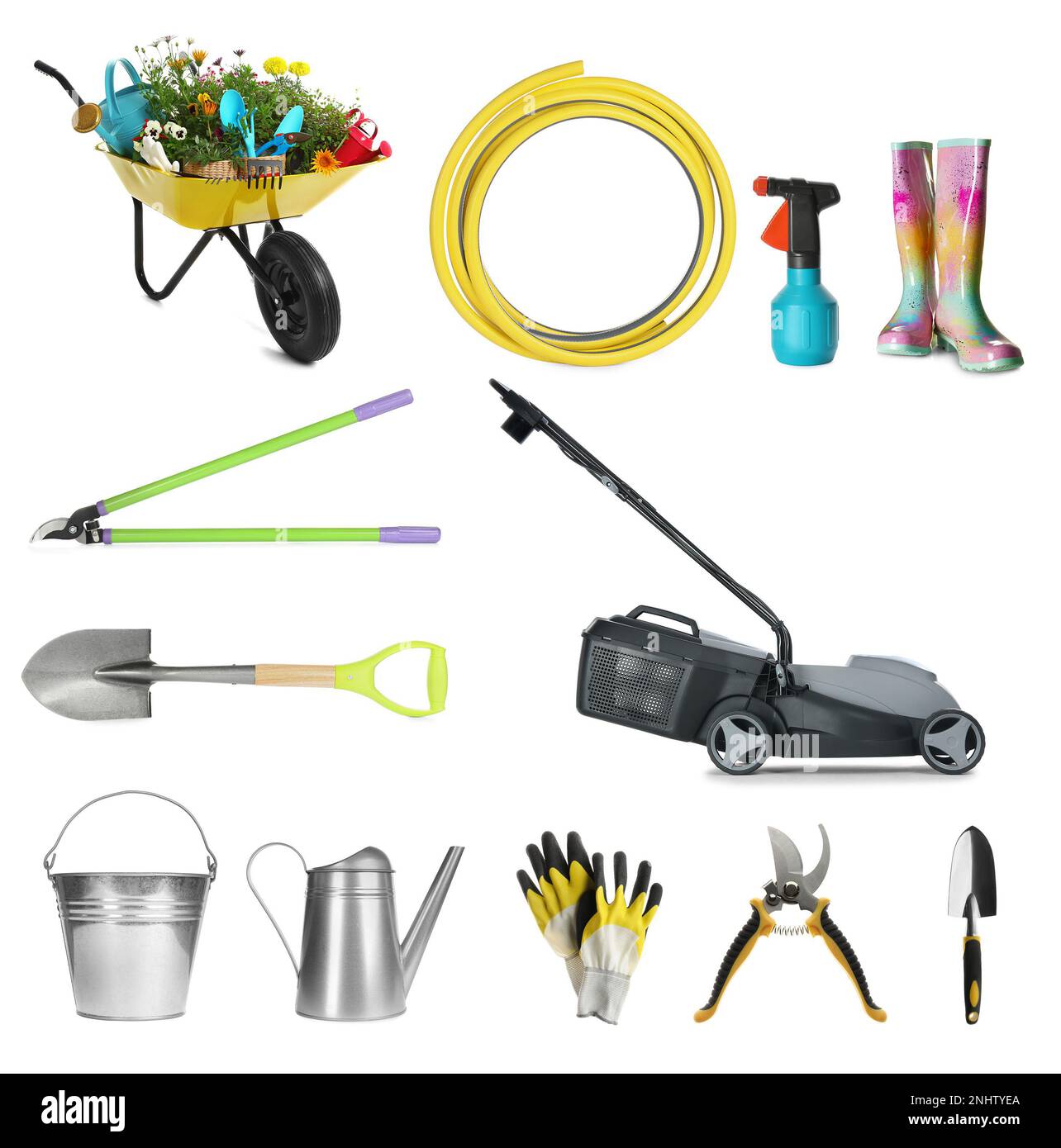 Set with different gardening tools on white background Stock Photo - Alamy