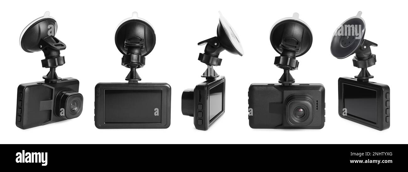 Set with modern car dashboard cameras on white background. Banner ...