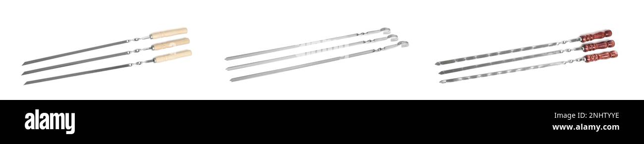 Set with metal skewers on white background. Banner design Stock Photo ...
