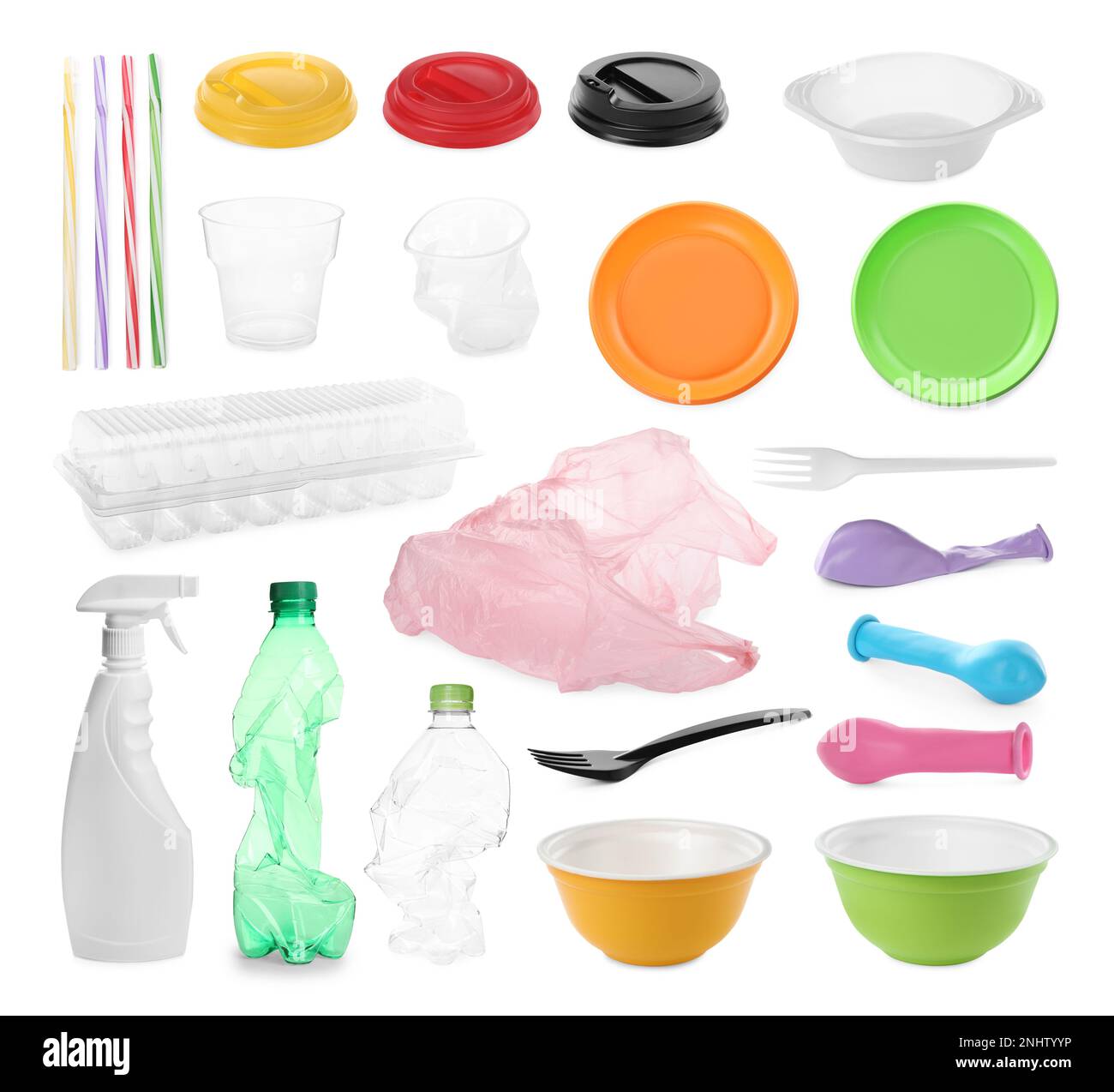 Set with different plastic items on white background Stock Photo - Alamy