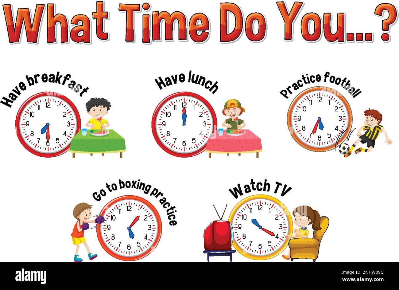 Daily routine with time and cartoon characters illustration Stock ...