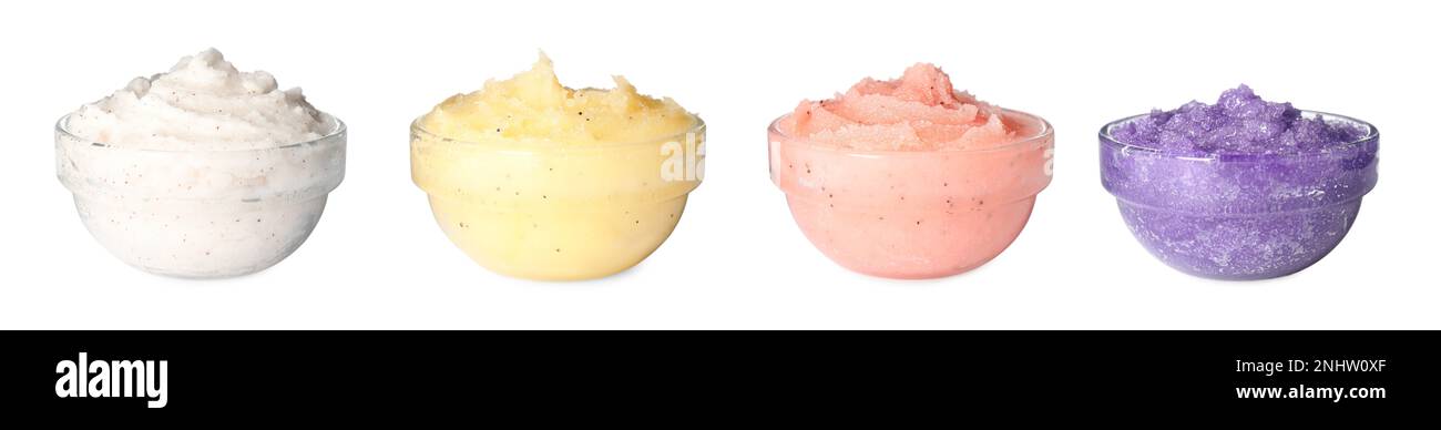 Set with different body scrubs in bowls on white background. Banner ...