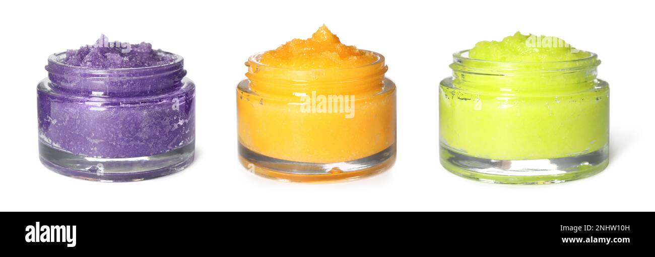 Set with different body scrubs in jars on white background. Banner ...