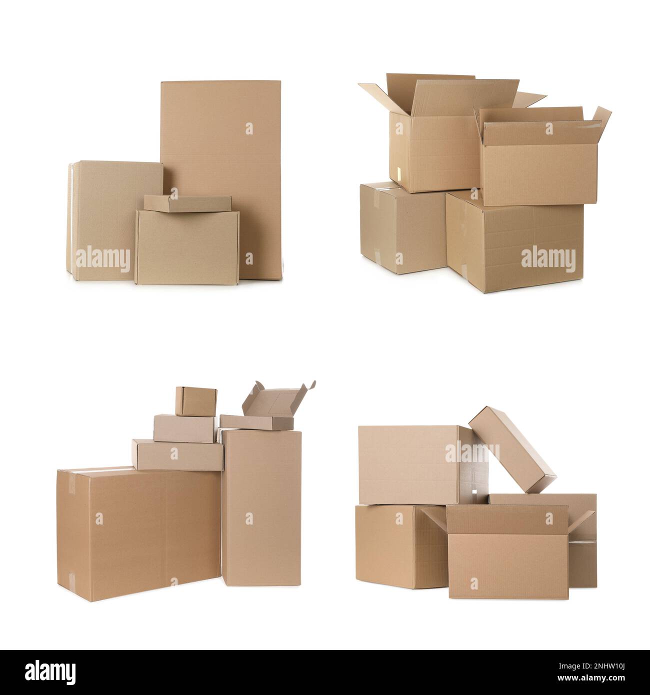 Set with different cardboard boxes on white background Stock Photo - Alamy