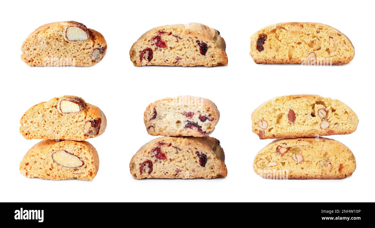 Set with different tasty cantucci on white background. Traditional ...