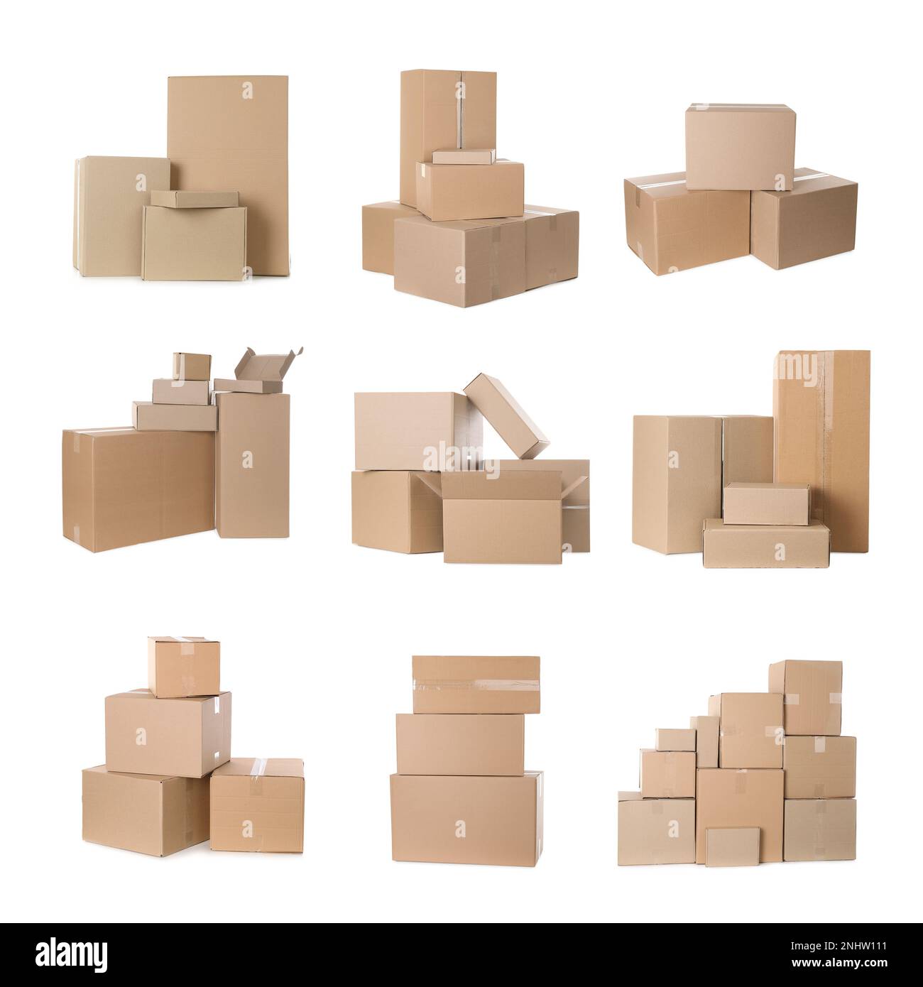 Set with different cardboard boxes on white background Stock Photo - Alamy