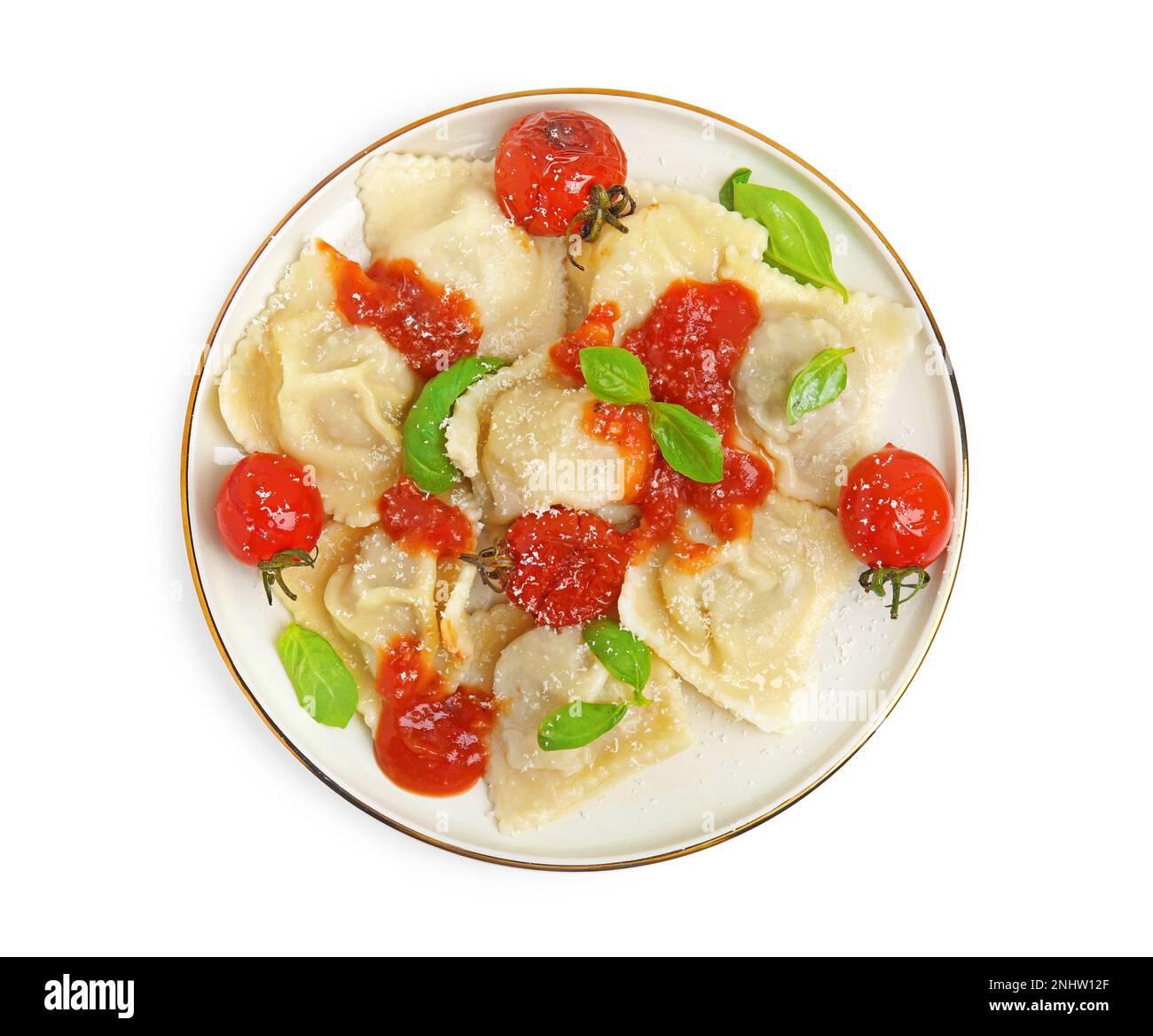 Tasty ravioli with tomato sauce isolated on white, top view Stock Photo ...