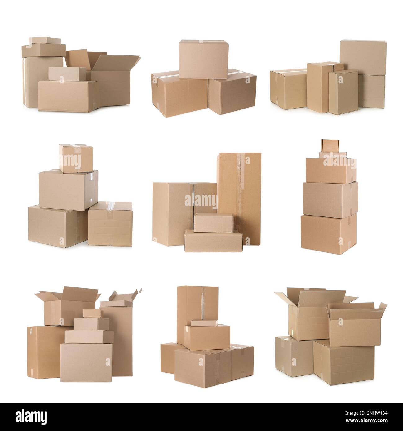 Set with different cardboard boxes on white background Stock Photo - Alamy