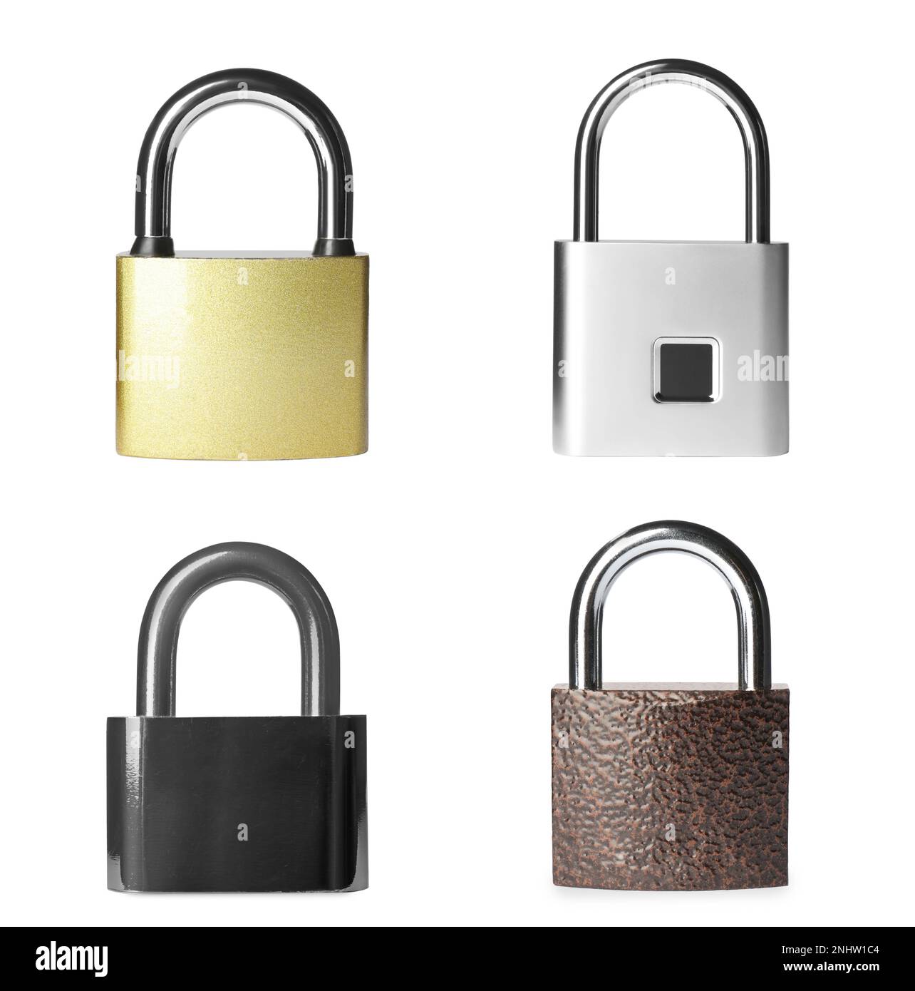 Set with different metal padlocks on white background Stock Photo - Alamy