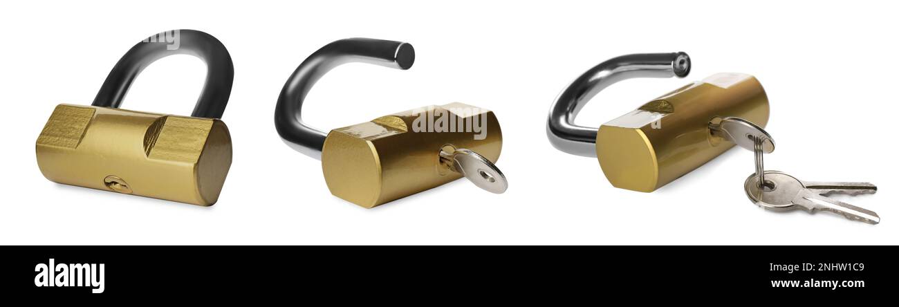 Set with metal padlocks on white background. Banner design Stock Photo ...