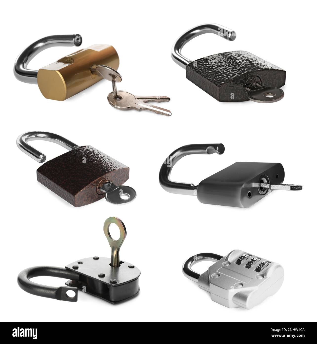 Set with different metal padlocks on white background Stock Photo - Alamy