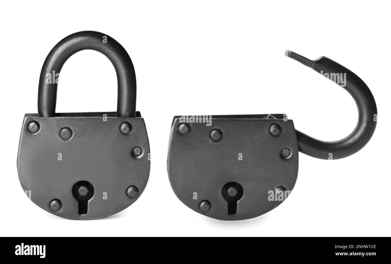 Locked and open metal padlocks on white background, collage Stock Photo ...