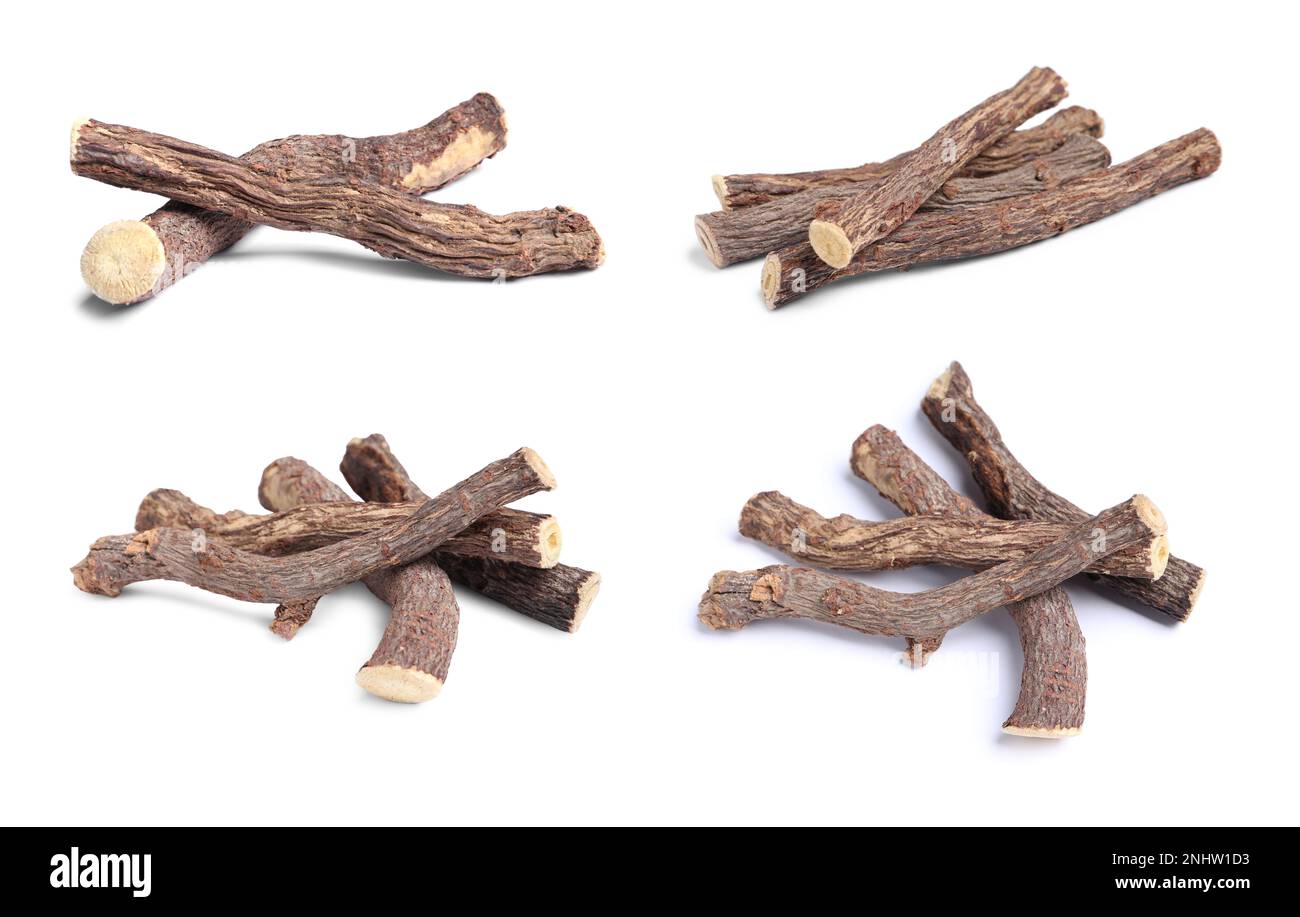 Set with dried sticks of liquorice root on white background Stock Photo ...